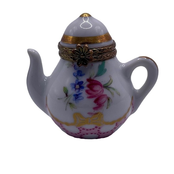 Limoges | Other | Teapot Trinket Box Limoges France Flowers Gold Bow ...